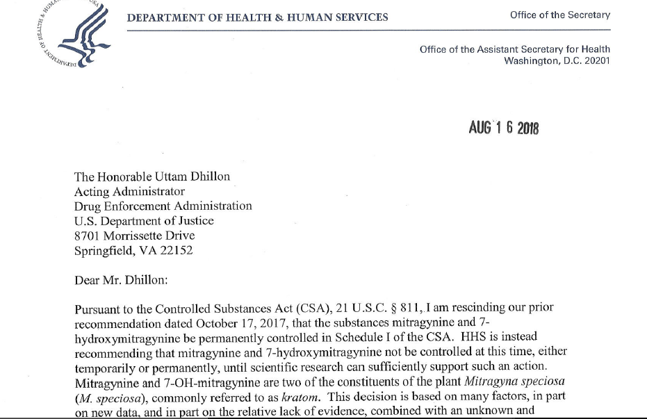 Full Text of 2018 HHS Letter to DEA Rescinding Kratom Ban ...
